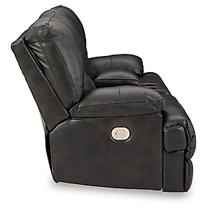 Signature Design by Ashley Mountainous Modern Leather Match Wall Hugger Power Reclining Loveseat with Adjustable Headrest, USB Ports, Storage and Cup Holders, Black
