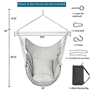Jelofly Hammock Chair Oversized Hanging Rope Swing Seat Chair with Pocket Max 350 Lbs Superior Comfortable for Indoor Outdoor Home Bedroom Garden, Seat Cushions Not Included (Light Grey)