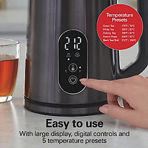 Hamilton Beach Digital Temperature Control Electric Tea Kettle, Hot Water Boiler & Heater 1.7L, 5 Preset Modes + Keep Warm, Fast Boil 1500 Watts, BPA Free, Double Wall Construction, Black (40851)
