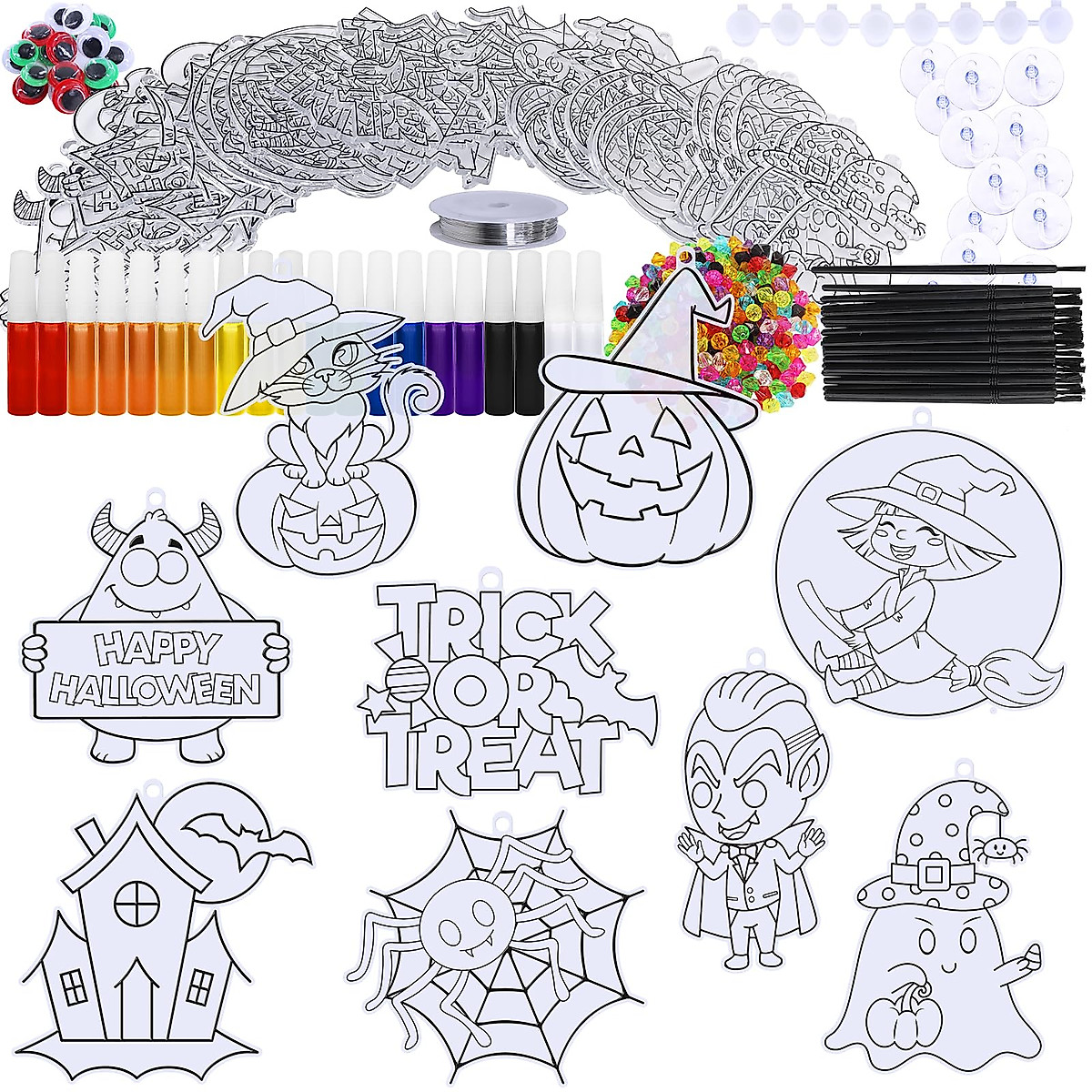 27 Sets Halloween Suncatcher Ornaments Decoration DIY Window Paint Art Craft Kit Jack-O'-Lantern Ghost Vampire Witch Spider Sun Catchers for Halloween Classroom Party Art Activity Trick or Treat Gift