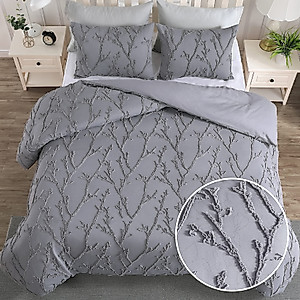 Queen Size Duvet Cover Set - 3-Piece Shabby Chic Branches Tufted Embroidery Duvet Cover Set for All Seasons, Grey, 90 x 90 Inch