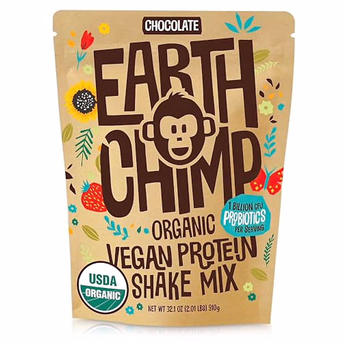 EarthChimp Organic Vegan Protein Powder - with Probiotics - Non GMO, Dairy Free, Non Whey, Plant Based Protein Powder for Women and Men, Gluten Free - 26 Servings 32 Oz (Chocolate)