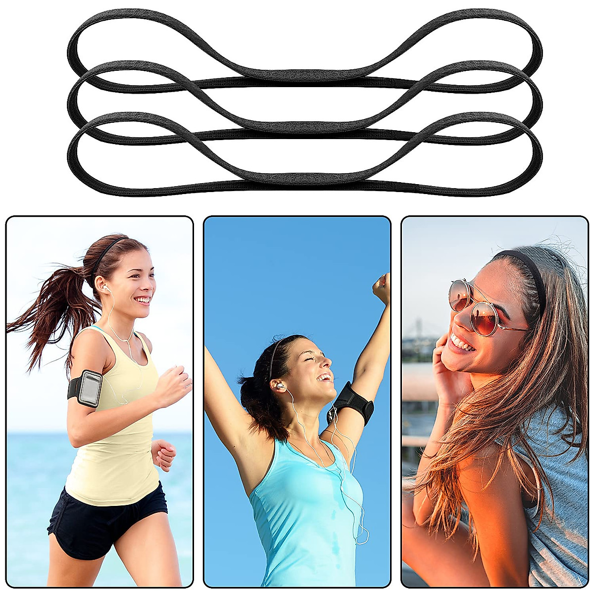 Duufin 20 Pieces Elastic Sport Headbands Non-Slip Workout Headband Black Sweat Headband Thin Elastic Headband for Women, Men and Girls