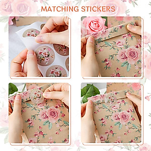 VGOODALL 24PCS Floral Gift Bags, Kraft Paper Treat Bags Party Favor Bags Lunch Bags with Stickers for Weddings Birthday Baby Shower Party Supplies