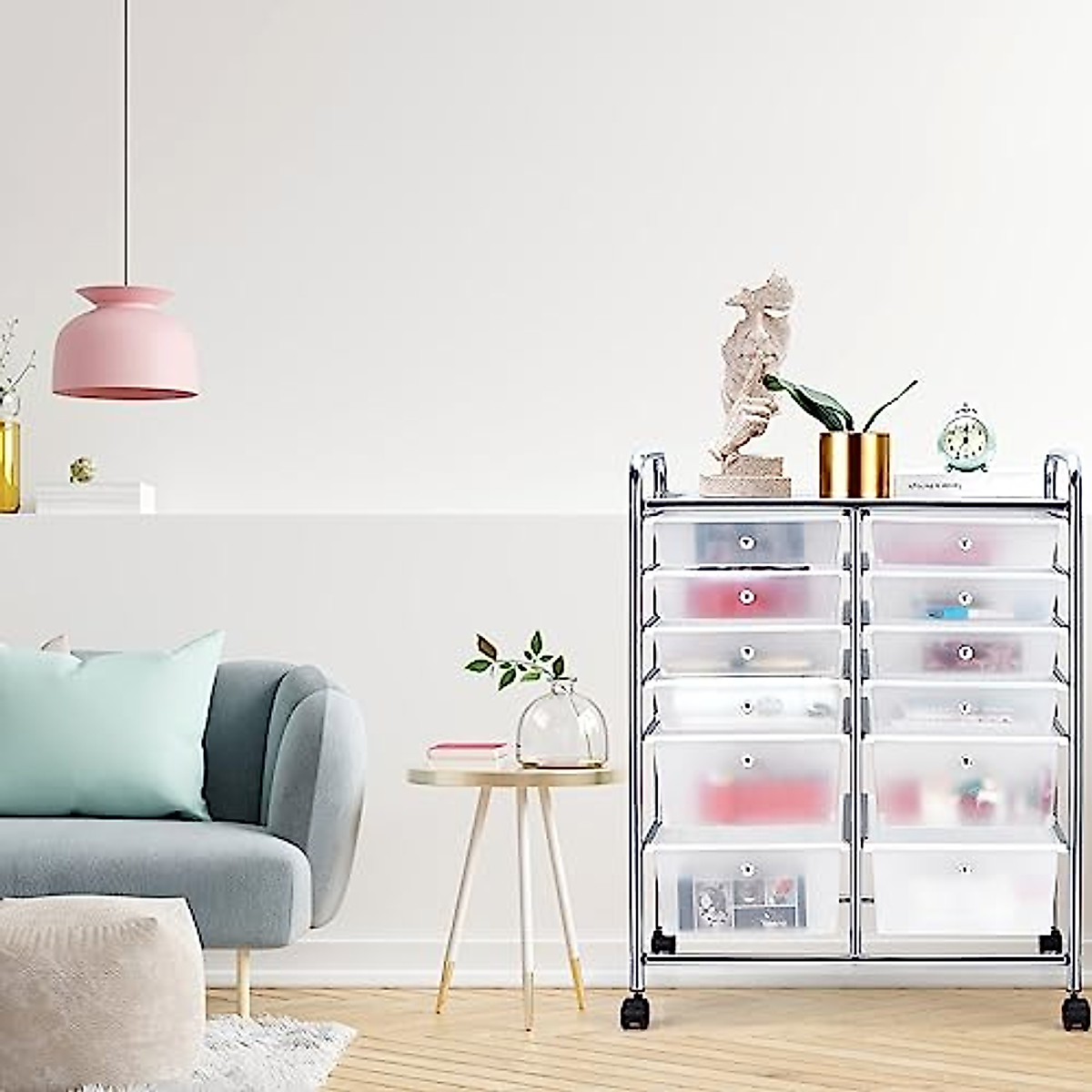 Sapodilla Rolling Storage Cart and Organizer with 12 Plastic Drawers-4 Lockable Casters for School Office Home Beauty Salon(White)