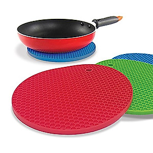 Better Kitchen Products Set Of 3, Large Silicone Pot Holders, Hot Pads, Trivets, 7 Inch, Blue, Lime Green and Red