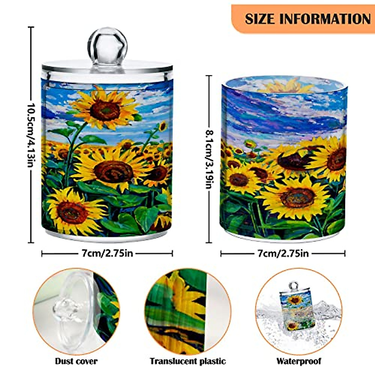 Sunflowers Fields Qtip Dispenser Apothecary Jars Spring Summer Floral Autumn Yellow Flowers Bathroom Qtip Holder Storage Canister Plastic Jar 10 Oz for Cotton Ball Swab Round Pads Floss 2pcs