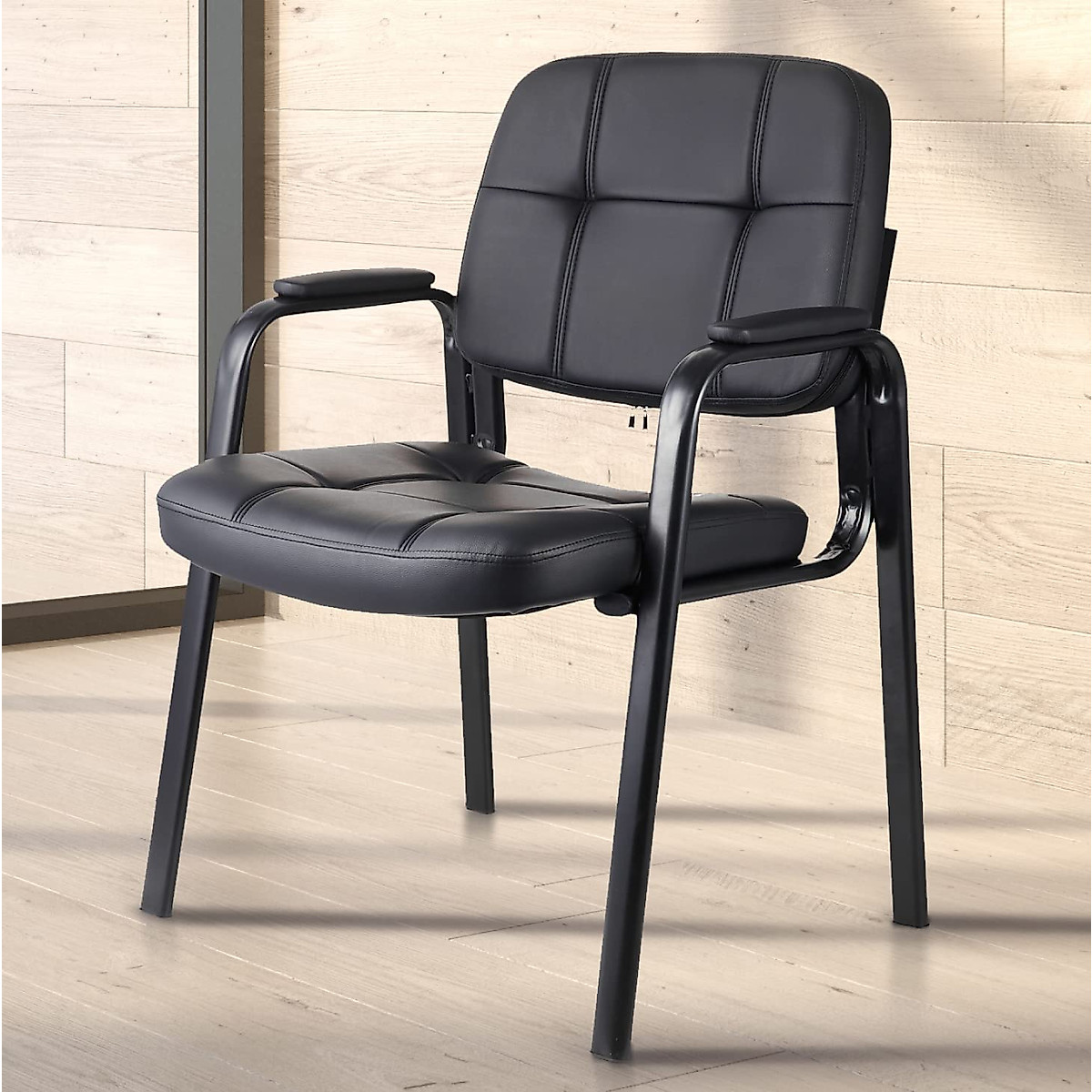 CLATINA Waiting Room Guest Chair with Bonded Leather Padded Arm Rest for Office Reception and Conference Desk Black with Sled Base