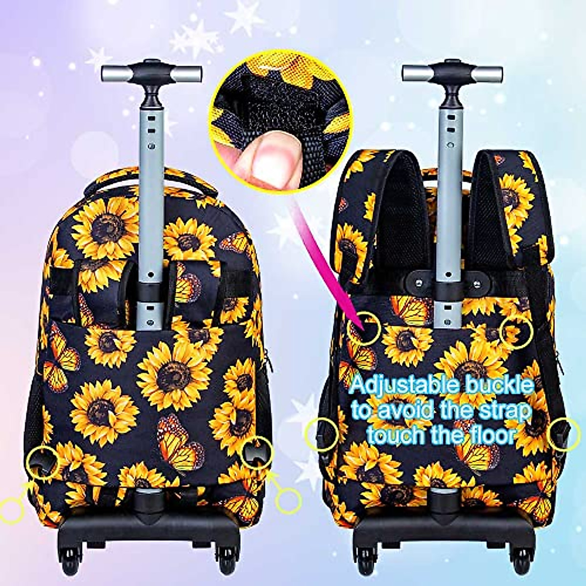 Rolling Backpack for Girls, 21 Inch Roller Wheeled Sunflower Flowers Bookbag for Students School, Water Resistant Elementary Travel Backpacks with Wheels