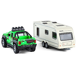 Pickup Truck Trailer Towing Toy Camper 2 in 1 Playset RV Motorhome Toys for Boys Diecast Model Car Metal Pull Back Toy Cars 1/36 Scale SUV Doors Open Light Sound Kids Birthday Gifts, Green