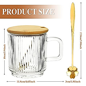 4 Pcs Glass Coffee Mugs with Lids and Spoons 12.5 Oz Classical Vertical Stripes Tea Cups Unleaded Clear Drinking Glasses with Handle for Americano Latte Cappuccino Tea Water Juice Milk Beverage