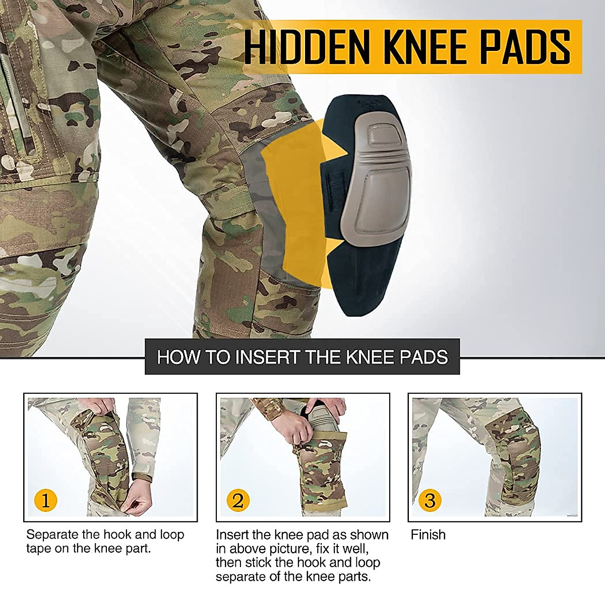 IDOGEAR Tactical Pants for Men Combat Pants with Hidden Knee Pads Military Camo Apparel Ripstop Multi-Pocket Outdoor Trousers （Multi-camo, 36W x 33L）