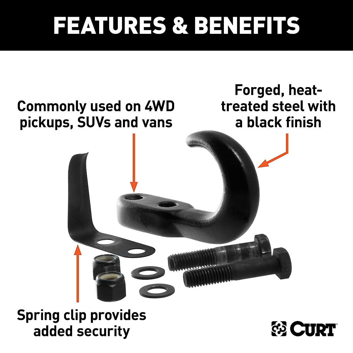 CURT 22411 Bolt-On Black Steel Tow Hook with Spring Clip, 10,000 lbs Capacity
