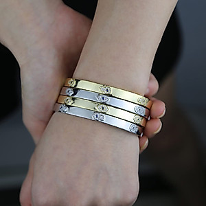 My Daily Styles Stainless Steel White Blue CZ Hamsa Good Luck Bangle Bracelet, 7.5" (White/Evil Eye)