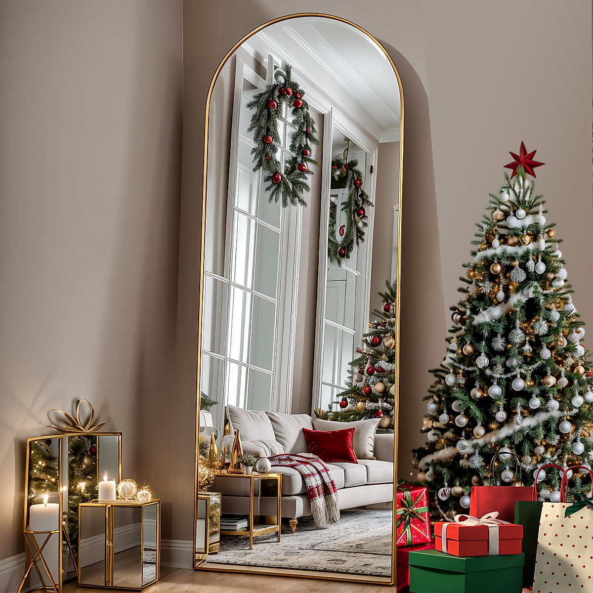 NUTTUTO 64"×21" Arched Full Length Mirror, Floor Mirrors with Aluminum Alloy Frame, Wall-Mounted Full Length Body Mirror Free-Standing or Leaning Against Wall for Bedroom Living Room, Gold