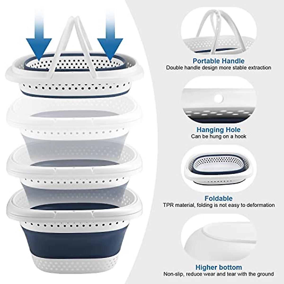 Nancyber Collapsible Plastic Laundry Basket, 42L Large Laundry Hamper with Handles, Foldable Pop Up Storage Container/Organizer, Portable Clothes Hampers/Baskets in the Dorm & Family, White & Blue