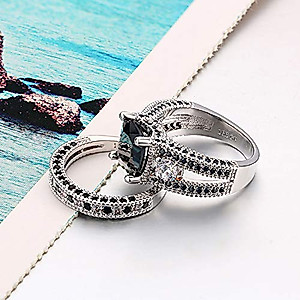Double Fair White or Black Gold Plated Cushion Cut Black CZ Stone Engagement Promise Anniversary Ring Sets For Women (Silver, 8)