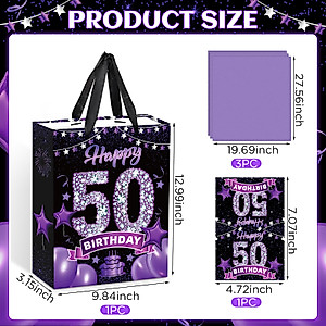 Black Purple 50th Birthday Gift Bag with Happy 50th Birthday Greeting Card and Tissue Paper for Women Black Purple 50th Birthday Gift Wrap Bag with Handles for 50th Birthday Party Decorations Supplies