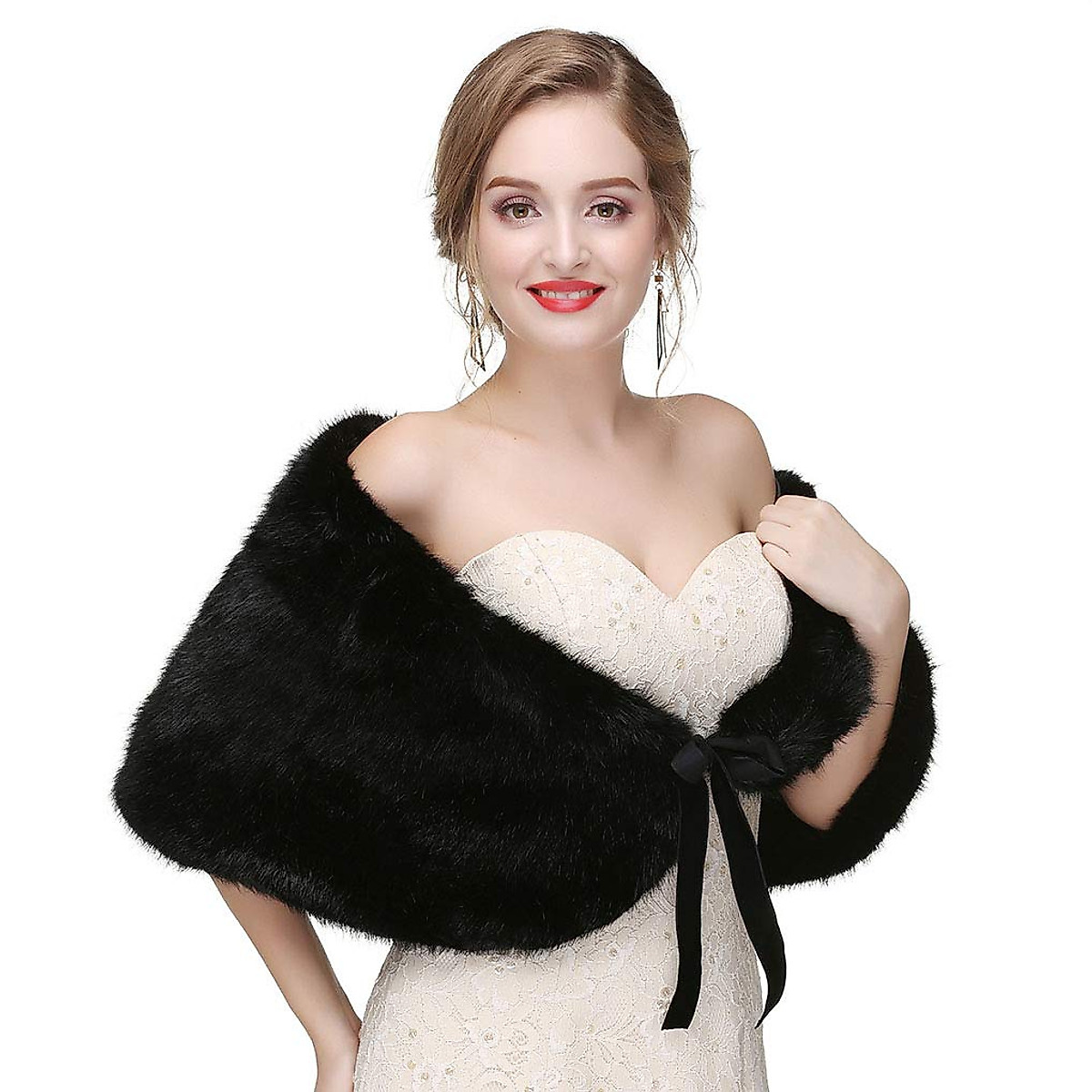 Olbye Women's Faux Fur Shawls and Wraps Wedding Fur Wrap 1920 Bridal Fur Stole Sleeveless Scarf for Bride and Bridesmaid (Black)
