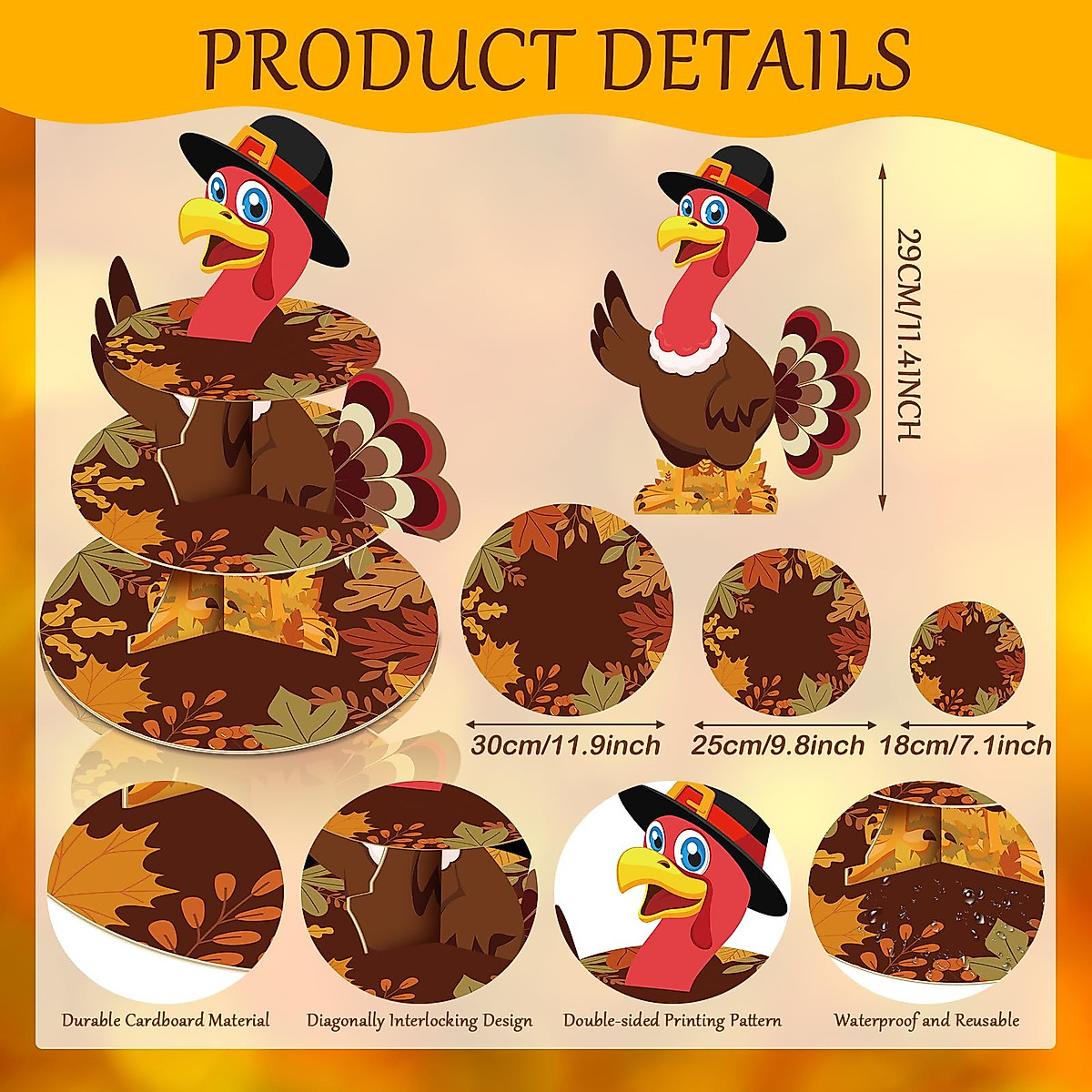 Uiifan Thanksgiving Day Cupcake Stand 3 Tiers Turkey Maple Leaf Cardboard Cake Dessert Holder Tower Cookie Trays for Fall Autumn Thanksgiving Decorations Party Supplies