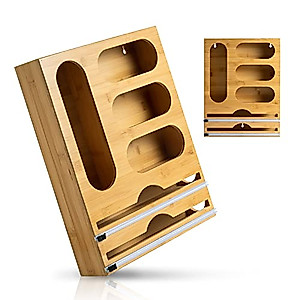 Hisrdomz Ziplock Bag Organizer with Dispensers & Cutters | 6 in 1 Bamboo Drawer Organizer for Ziplock Bags,Suitable for Gallon, Quart, Sandwich & Snack Bag, Cling Film, Aluminum Foil