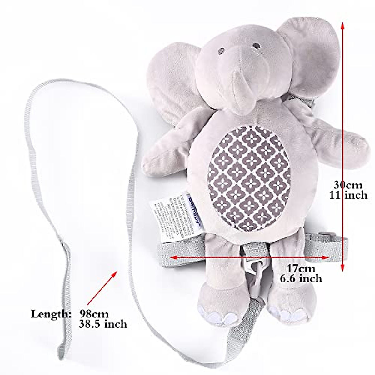 Berhapy 2 in 1 Gray Elephant Toddler Safety Harness Backpack Children's Walking Leash Strap Baby Leash for 1-3 Years Old Kid Leash for Boys and Girls