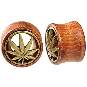 18mm 11/16" Brass Pot Leaf Marijuana Organic Wood Flesh Tunnels Double Flared Ear Stretcher Saddle Plugs Gauge