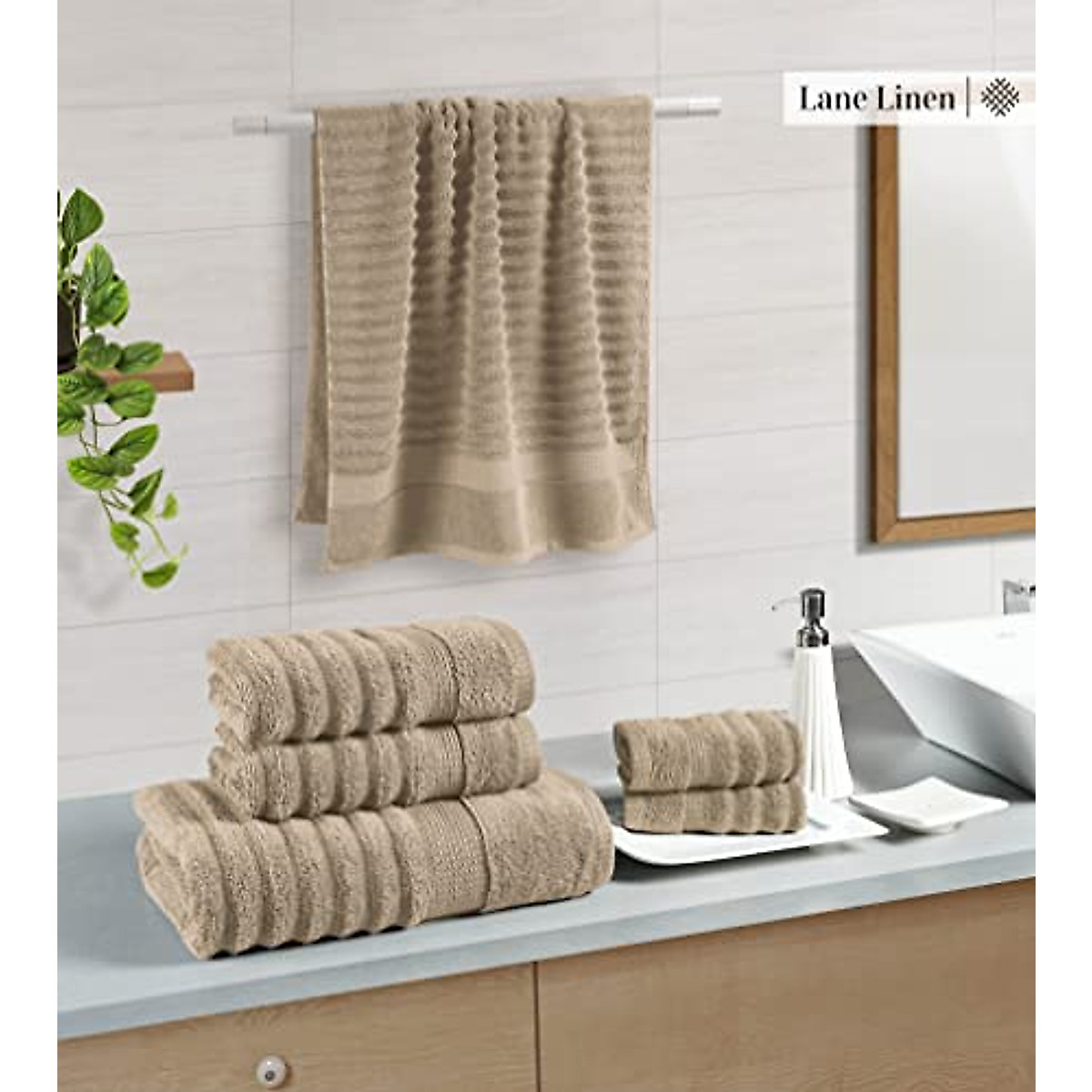 LANE LINEN Bath Towel Set - Soft and Absorbent, Ribbed, 100% Cotton Towels for Bathroom, Hotel, Body & Spa - 2 Bath Towels Large Size, 2 Bathroom Hand Towel and 2 Wash Cloths (6 Piece Set) - Taupe