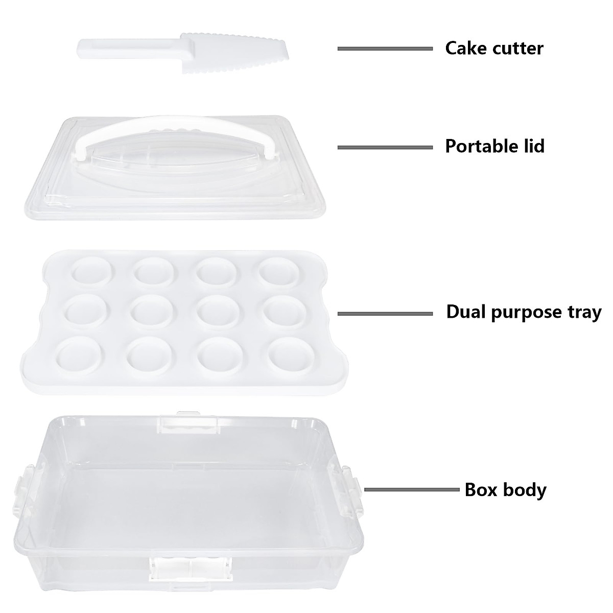 DIIRPPR White Plastic Cupcake And Cake Carrier - Stackable Cupcake Holder, Dessert Carrier For Full Size 17.2"x10.2" Cake Pans Or 12-Count Cupcake Tray, Cupcake Carrier & Cake Box (One Tier)