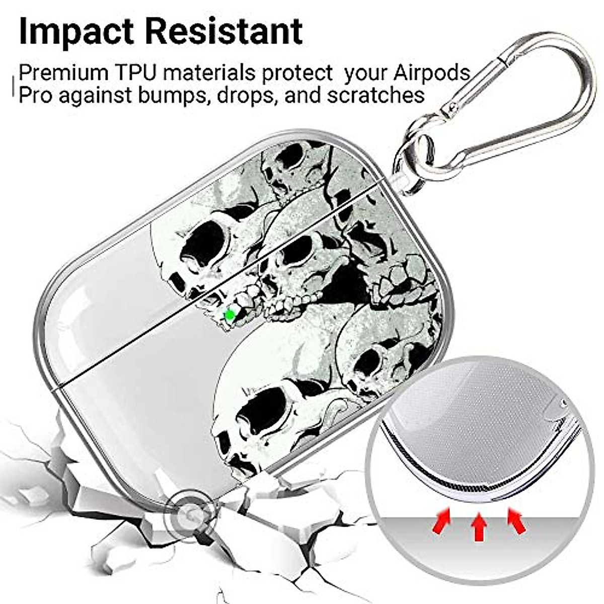 POKABOO AirPods Pro Case, Clear Soft TPU Protective Cover Case for AirPods 3 (Front LED Visible) Wireless Charging AirPods Pro Case with Keychain (Skull)
