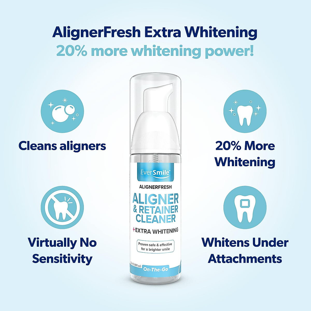EverSmile AlignerFresh Extra Whitening Aligner & Retainer Cleaning Foam. AlignerFresh Cleaning Foam for Invisalign, ClearCorrect, Essix, Hawley Trays/Aligners. Cleans, Kills Bacteria & Whitens Teeth.