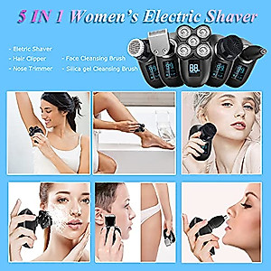 5-in-1 Electric Razors for Women, Wet/Dry 5D Women Razor & Hair Trimmer with USB Adapter & Charging Cable,5D Rechargeable Rotary Shaver with Lithium-Ion Battery, Water Resistant Grooming Kit