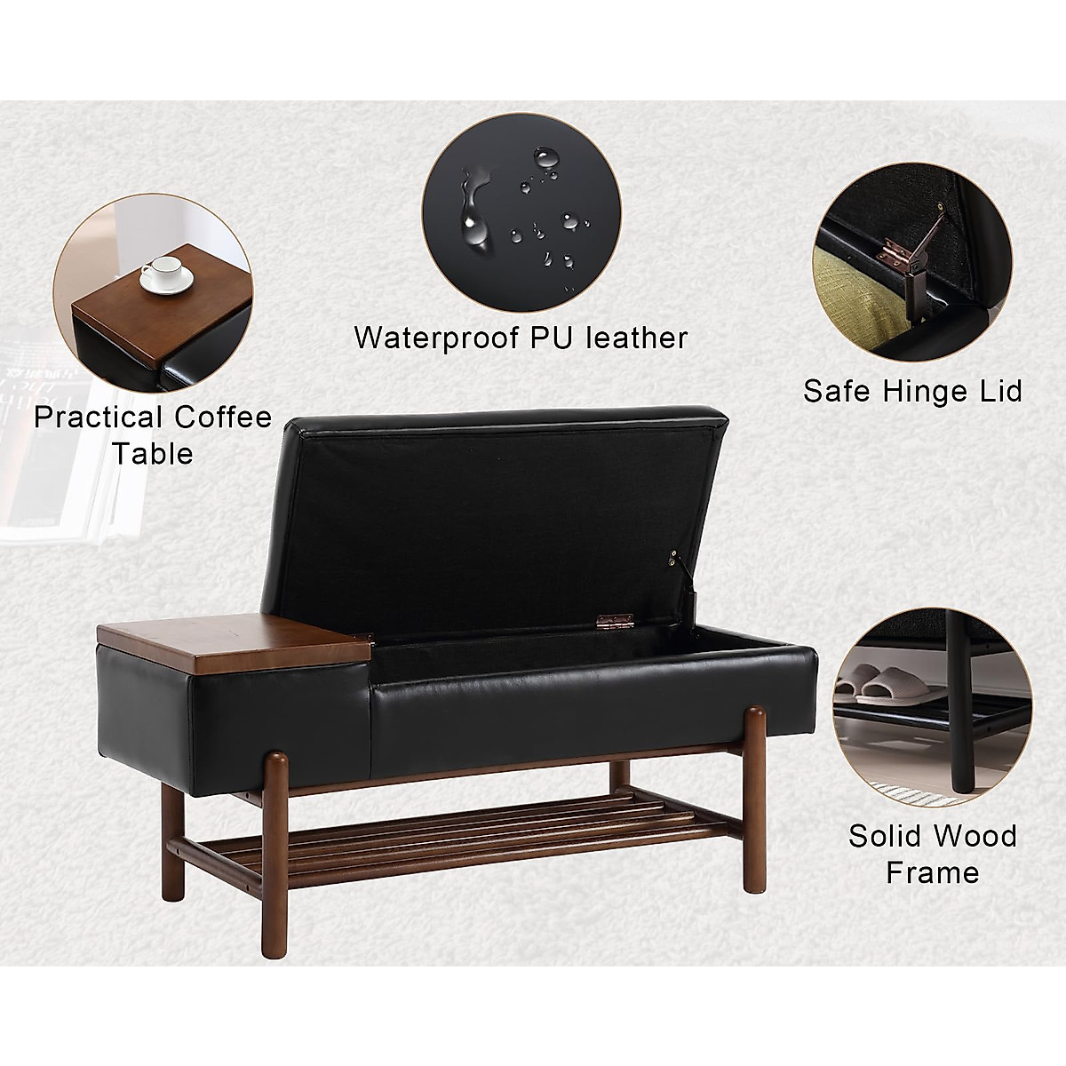 Shunzhi Modern Entryway Bench Upholstered Flip-Top Shoe Storage Bench Sherpa Ottoman Bench End of Bed Bench with Wood Frame/Shelf for Living Room/Bedroom/Hallway,46.5 Inches,PU,Black