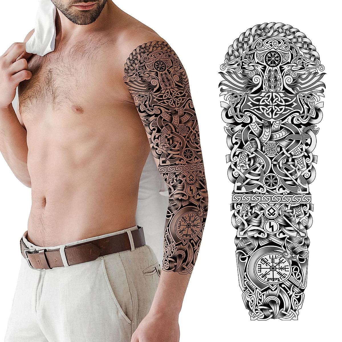 PUNKTUM Temporary Tattoos for Men and teens 12 sheets (L19“xW7”), Full Arm Temporary Tattoos for Halloween Realistic Sleeve Tattoos Waterproof and Long lasting