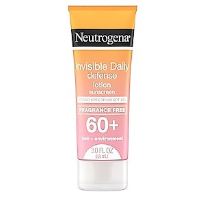 Neutrogena Invisible Daily Defense Fragrance-Free Sunscreen Lotion, Broad Spectrum SPF 60+, Oxybenzone-Free & Water-Resistant, Sun & Environmental Aggressor Protection, 3.0 fl. oz