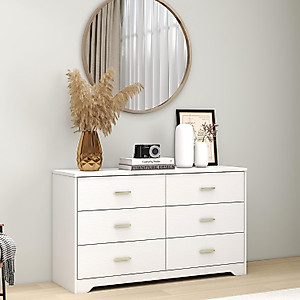 Modern 6 Drawer Wood Dresser, Wood Lateral Chest of Drawers Storage Organizer with Wide Drawers & Metal Gold Handles for Bedroom, Living Room, Hallway, Entryway