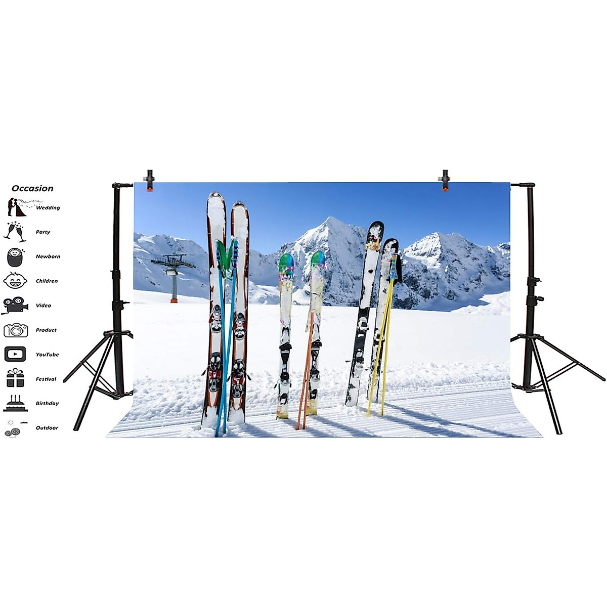 Leyiyi 10x7ft Ski Boards Stand in Snow Backdrop Cold Winter Sport Go Skiing Snow Covered Mountain Outdoor Adventure Photography Background Merry Christmas New Year Photo Studio Prop Vinyl Wallpaper