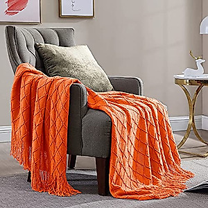 Walensee Throw Blanket for Couch, 50 x 60 Orange, Acrylic Knit Woven Summer Blanket, Lightweight Decorative Soft Nap Throw with Tassel for Chair Bed Sofa Travel Picnic, Suitable for All Seasons