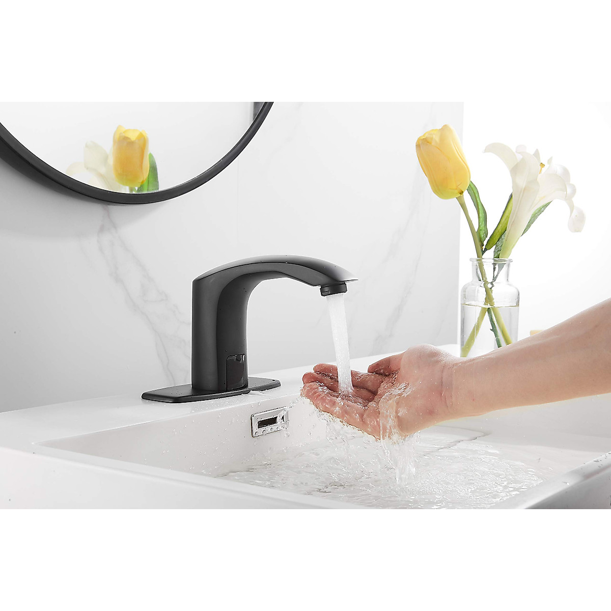 Automatic Bathroom Faucet Black Touchless Solid Brass Motion Activated Bath Tub Lavatory Basin Sink Vanity Aerator One Hole Brass Mixer Tap Touch-Free