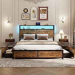 Giantex Queen Bed Frame with LED Lights Headboard and 4 Storage Drawers, Metal Platform Bed with Outlets and USB Ports Charging Station, Smart LED Bed Frame, Easy Assembly, No Box Spring Needed