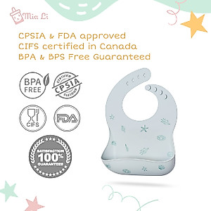 Mia Li Silicone Bibs – 3pcs Waterproof Silicone Bib Set – Silicone Baby Bibs for Girls and Boys - Baby Bib Pocket with Adjustable Closure – Non-Messy Toddler Bib (Seashells - Cloud, Sage & Stone)