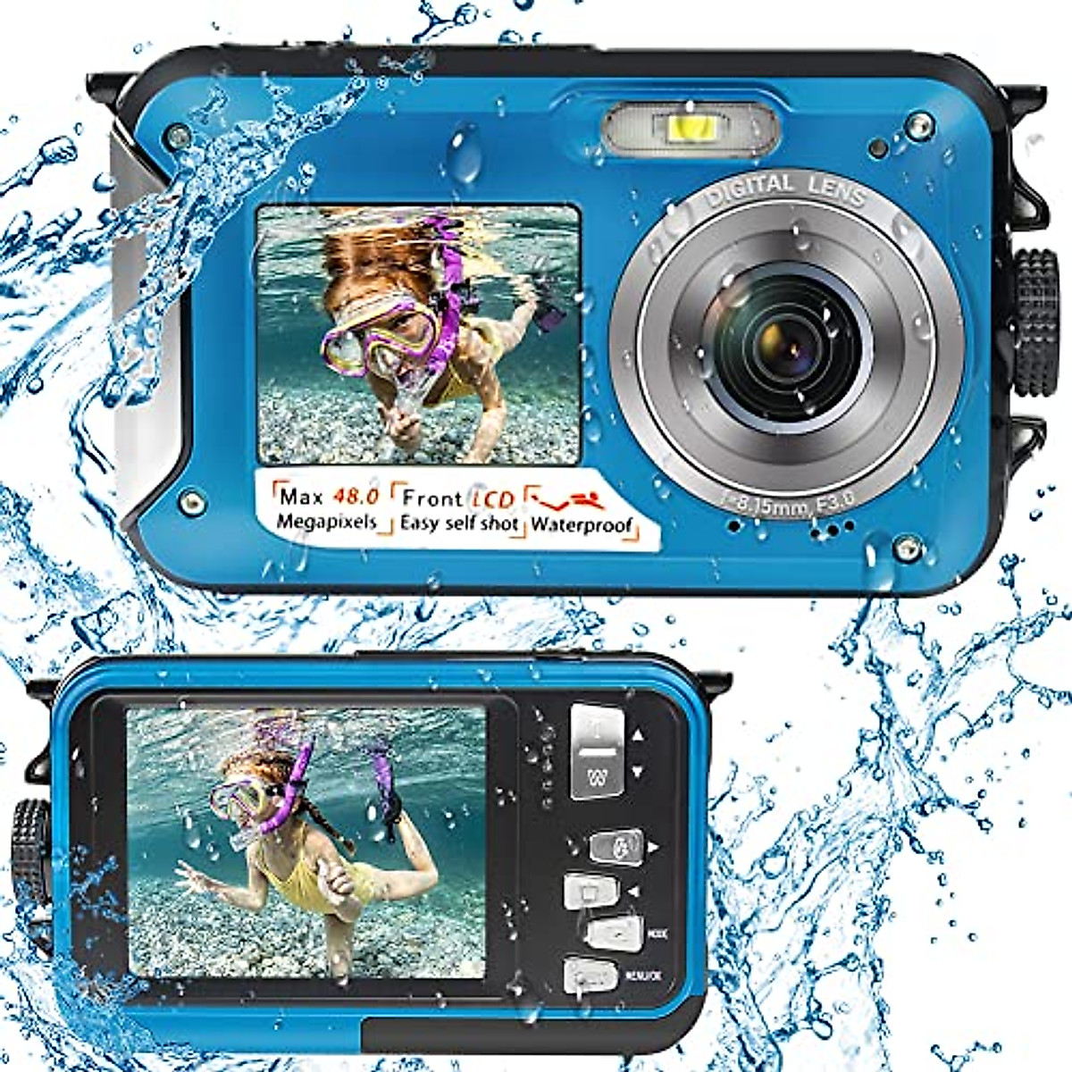 Shimshon Underwater Camera Full HD 2.7K 48MP Waterproof Camera for Snorkeling Dual Screen Waterproof Camera Digital with Self-Timer and 16X Digital Zoom (Blue)