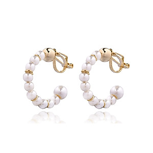 YOQUCOL Simulated Freshwater Pearl Golden Clip On Hoop Earrings Non Pierced Ears Hoops for Women(25MM)