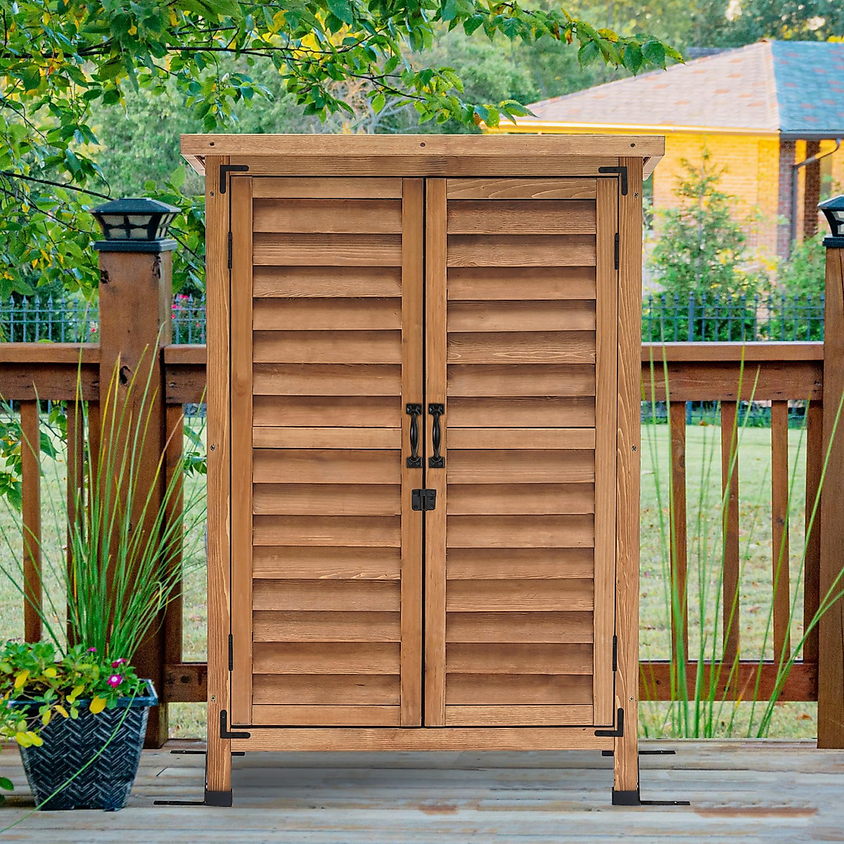 MCombo Outdoor Wood Storage Cabinet, Small Size Garden Wooden Tool Shed with Double Doors, Outside Tools Cabinet for Backyard (24.6”x 18.3”x38.2”) 0985 (Yellow)