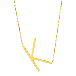 MAX + STONE 14k Gold Plated Sterling Silver Large Sideways Block Initial Letter K Necklace for Woman with 16 Inches to 18 Inches Adjustable Chain and Spring Ring Clasp