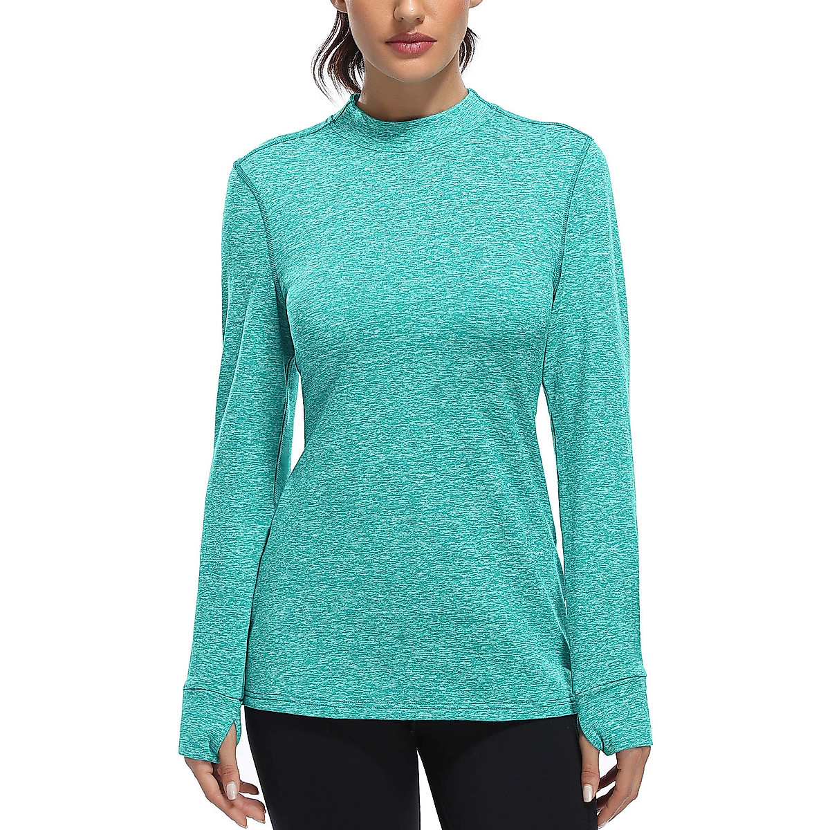 Fulbelle Cold Weather Thermal Fleece Running Gear Women, Winter Mock Neck Workout Top T-Shirts Long Sleeve Thumb Hole Lounge Fall Fashion Ladies Casual Blouses Sweatshirt Pullover Green Small