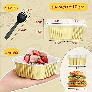 LNYZQUS Large Cupcake Liners Aluminum Pans With Lids 40 Pack, Square 10oz Small Cake Muffin Tin,Disposable Ramekins Baking Pan Containers For Brownie Mini Cake Bread Dessert-Gold