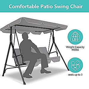 Funny Sunny Outdoor Patio Swing Chair with Canopy,3 Seater Porch Swing Chair with Adjustable Canopy and Removable Cushion for Patio Garden Poolside Balcony Backyard, Grey
