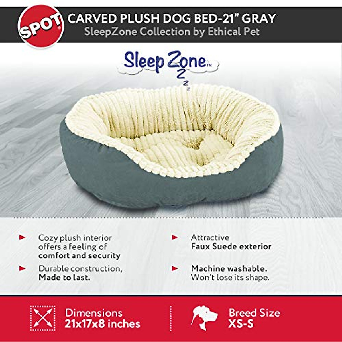 SPOT Ethical Pets Sleep Zone Carved Plush Pet Bed 21” Grey - Pet Bed for Cats and Small Dogs - Attractive, Durable, Comfortable, Washable (32924), 21x17