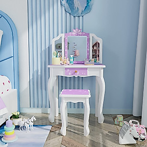 JOYMOR Kids Vanity Set, Wooden Princess Makeup Table with Stool, Tri-Folding Mirror, Large Drawer, Solid Wooden Legs Pretend Beauty Make Up Dressing Play Set for Girls Best Gift (Purple)